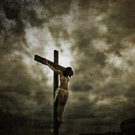 Female crucifixion in blue by Ramon Martinez